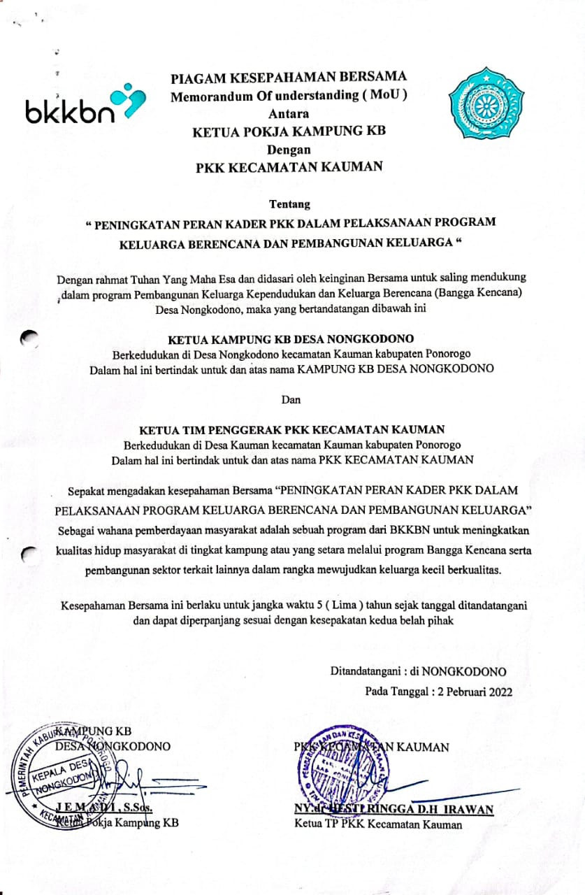 MoU antara Ketua Pokja Kampung Kb dengan PKK Kecamatan Kauman